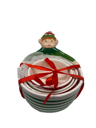 4 New Ceramic Holiday Time Christmas Elf Measuring Cups Graduated Sizes ...
