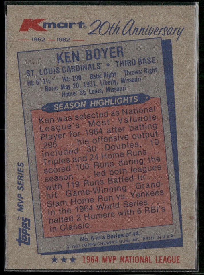 1982 Topps Kmart 20th Anniversary #6 Ken Boyer | eBay