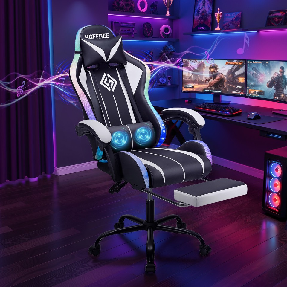 RGB Gaming Chair W/ Bluetooth Speakers Massage Ergonomic High Back W ...