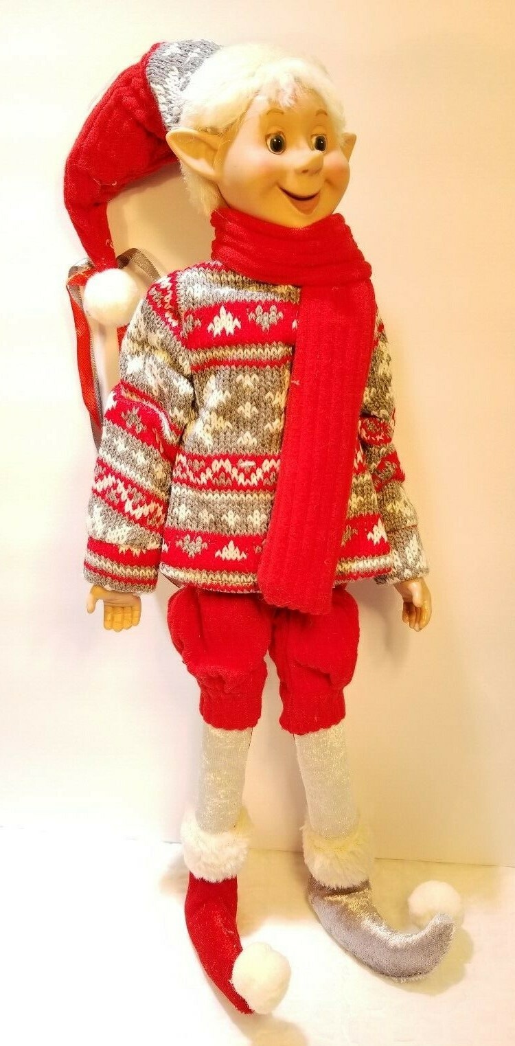 NWT 20" Santas ELF- Elves Poseable Figurine CHRISTMAS Arlequin Red/Gray ...