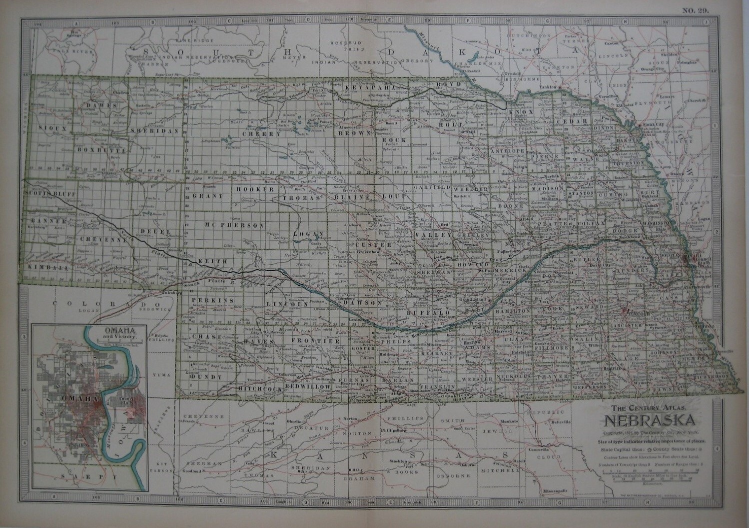 Original 1897 Map NEBRASKA Omaha Lincoln Scotts Bluff Tecumseh Fremont ...