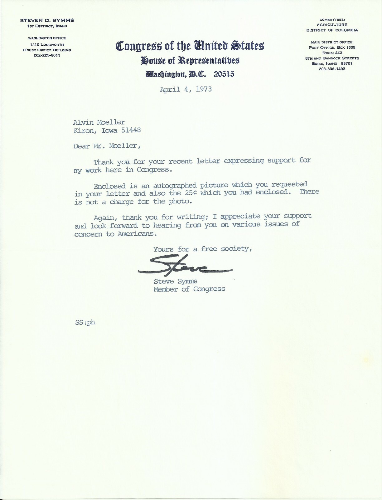 Steve Symms - U.S. Representative Original Autograph 8x10 Photo and ...