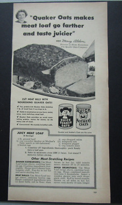 1952 Quaker Oats Vintage Print Ad Oatmeal Hot Cereal Meatloaf Recipe ...