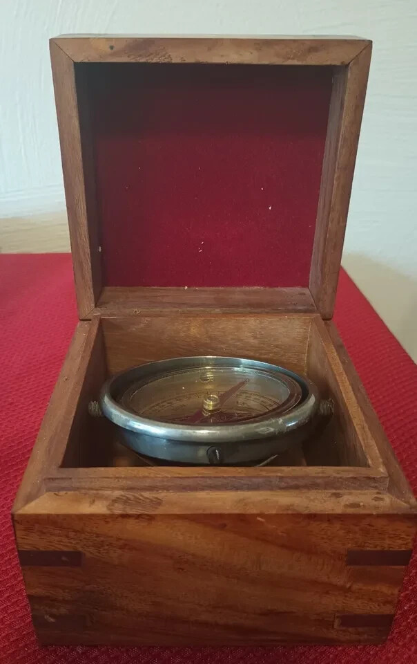 Vintage Brass Marine Gimbal Compass Boxed Wood Stanley London Ship Boat ...
