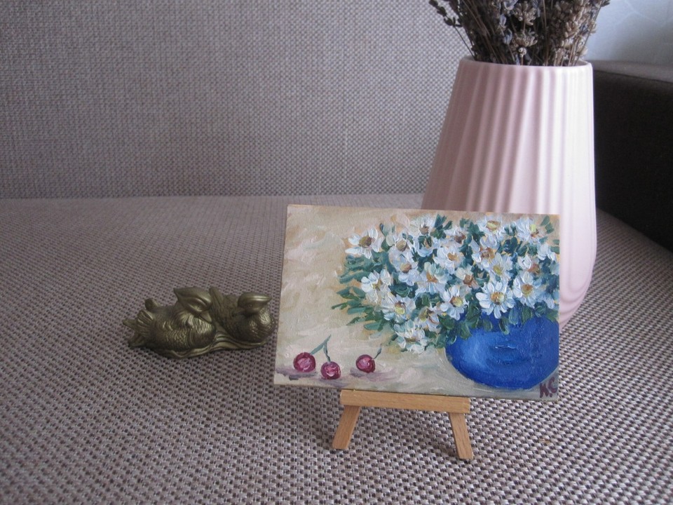 daisies original oil painting, daisies in vase art, small picture of a ...
