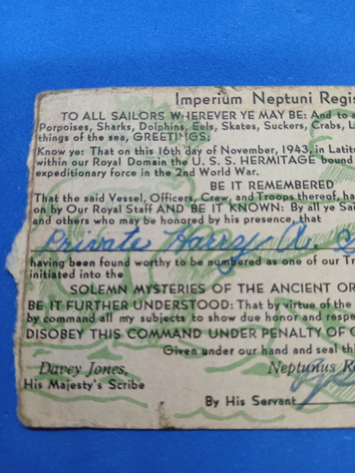 1943 WWII CARD Troop Transport USS HERMITAGE “IMPERIUM NEPTUNI REGIS" S ...