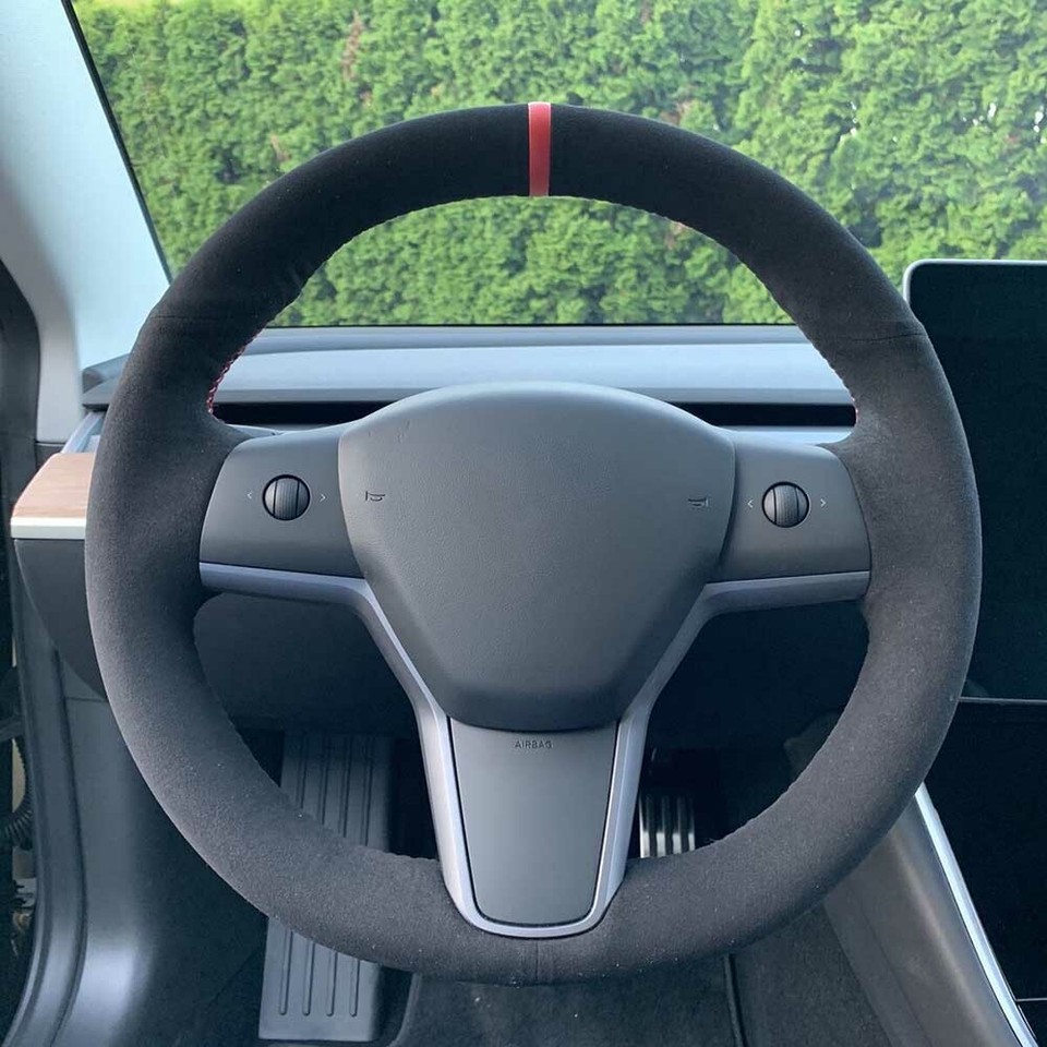 DIY Black Suede DIY Hand-stitch Car Steering Wheel Cover For Tesla ...