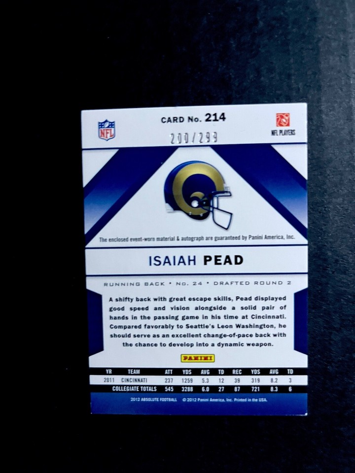 2012 Absolute Football Card #214 Isaiah Pead RC Auto Jersey /299 | eBay