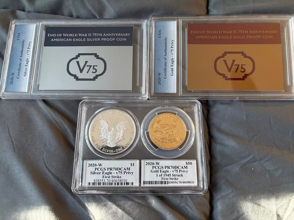 2020 V75 GOLD AND SILVER Double Holder - 2 Coins PCGS 70 SANDERS SIGNED ...