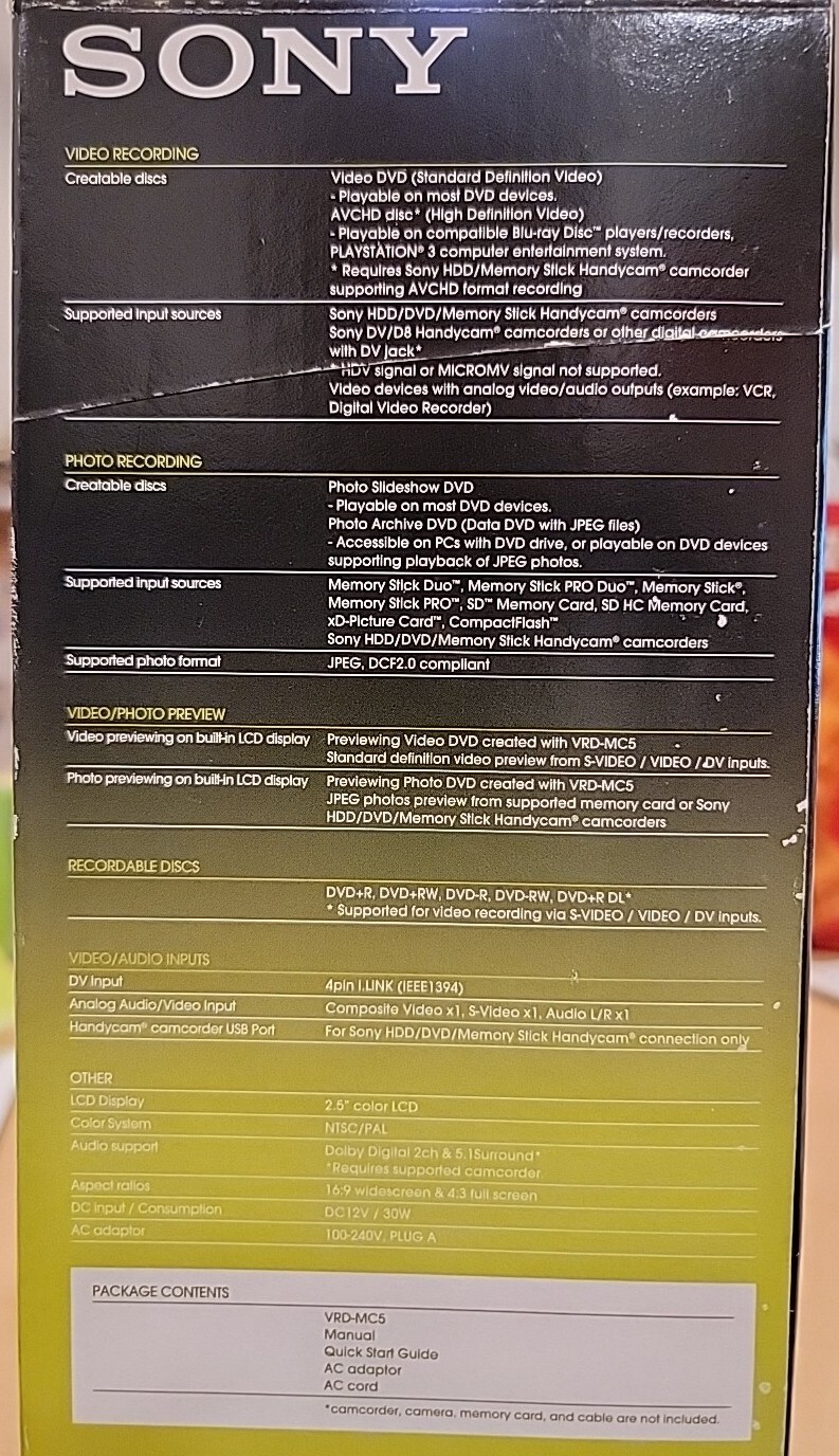 Sony DVDirect VRD-MC5 DVD Recorder (2.5 inch) - Black for sale online ...