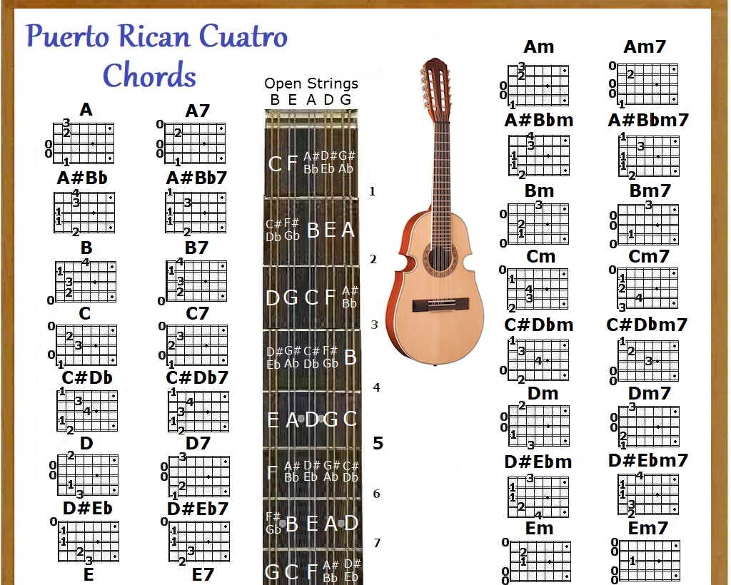 PUERTO RICAN CUATRO CHORDS CHART & NOTE LOCATOR - SMALL CHART | eBay