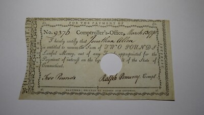 1790 £2 Connecticut CT Interest Cert. Colonial Currency Note Bill Ralph ...