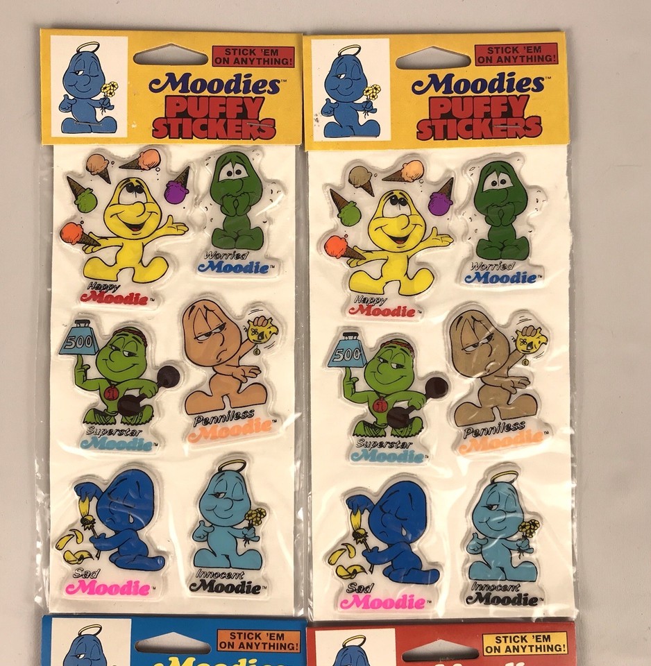 Vintage 1983 MOODIES PUFFY STICKER Sheet Lot of 4 New/Sealed Packs Kent ...
