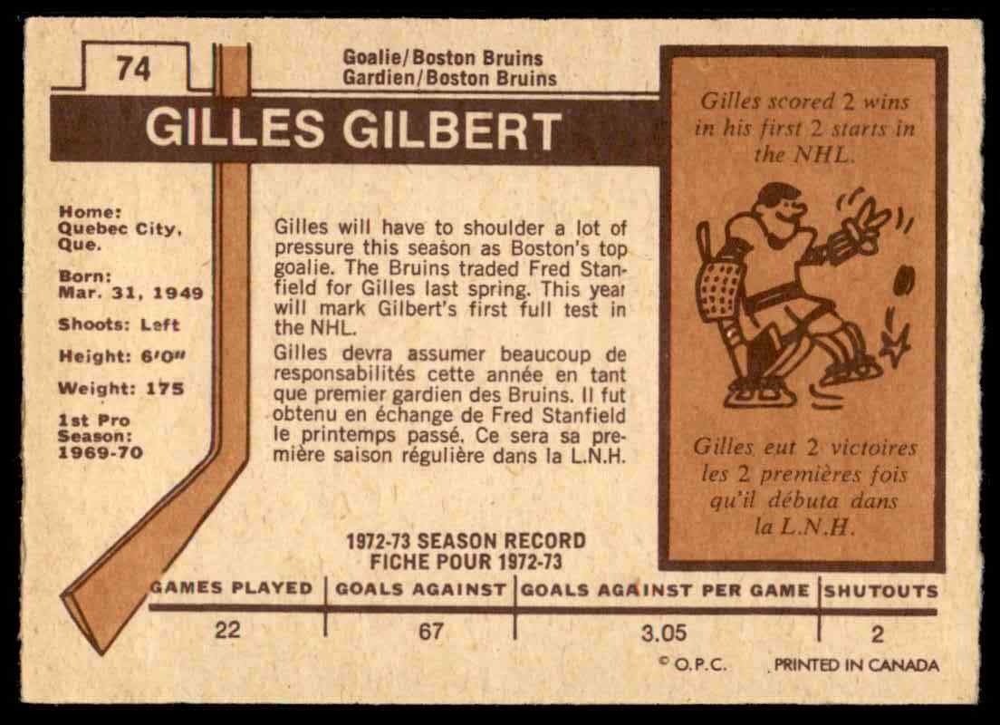 1973-74 O-PEE-CHEE LIGHT BACKS GILLES GILBERT ROOKIE BOSTON BRUINS #74 ...