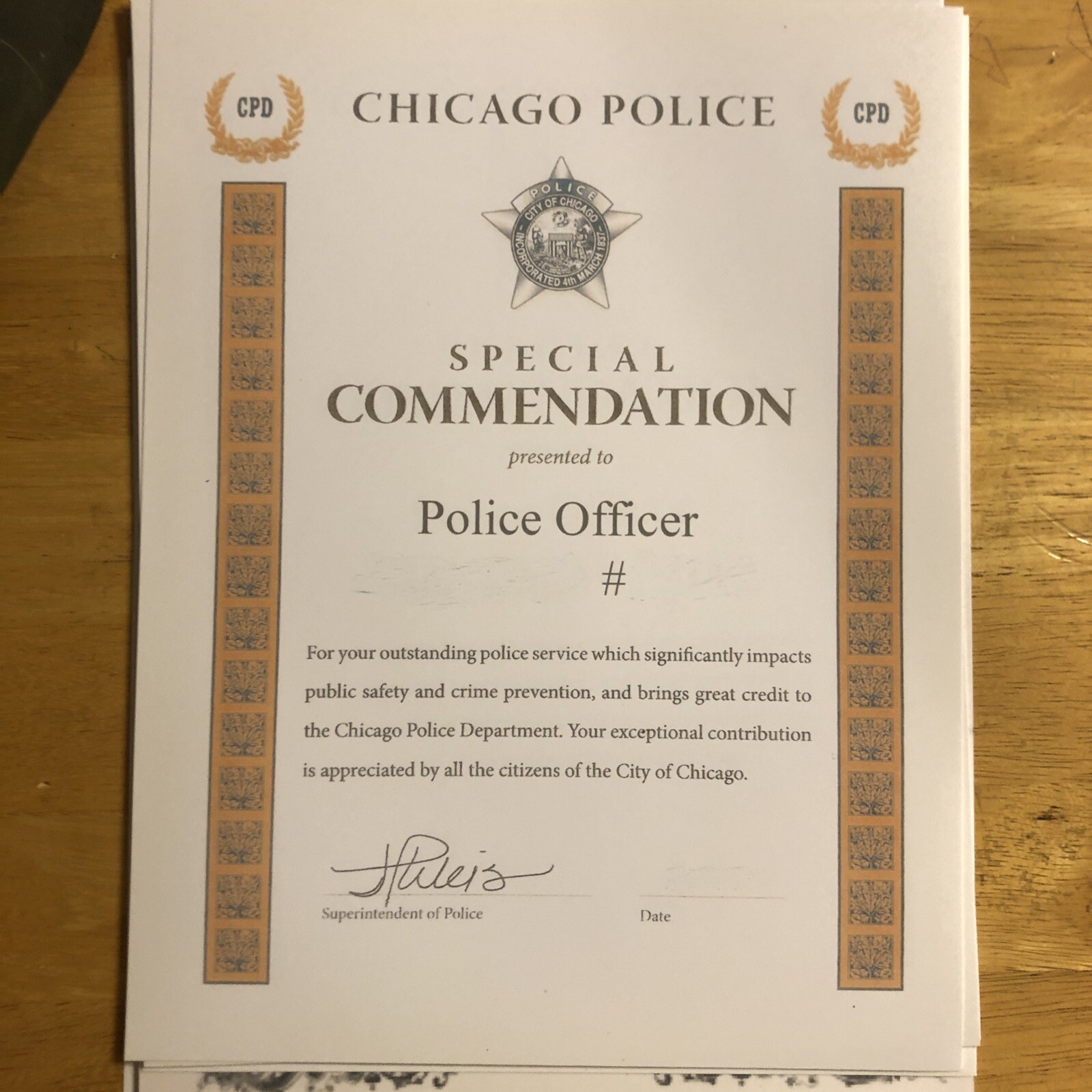 Chicago Police Commendation Award- Comes Blank- Fill In Own Information ...