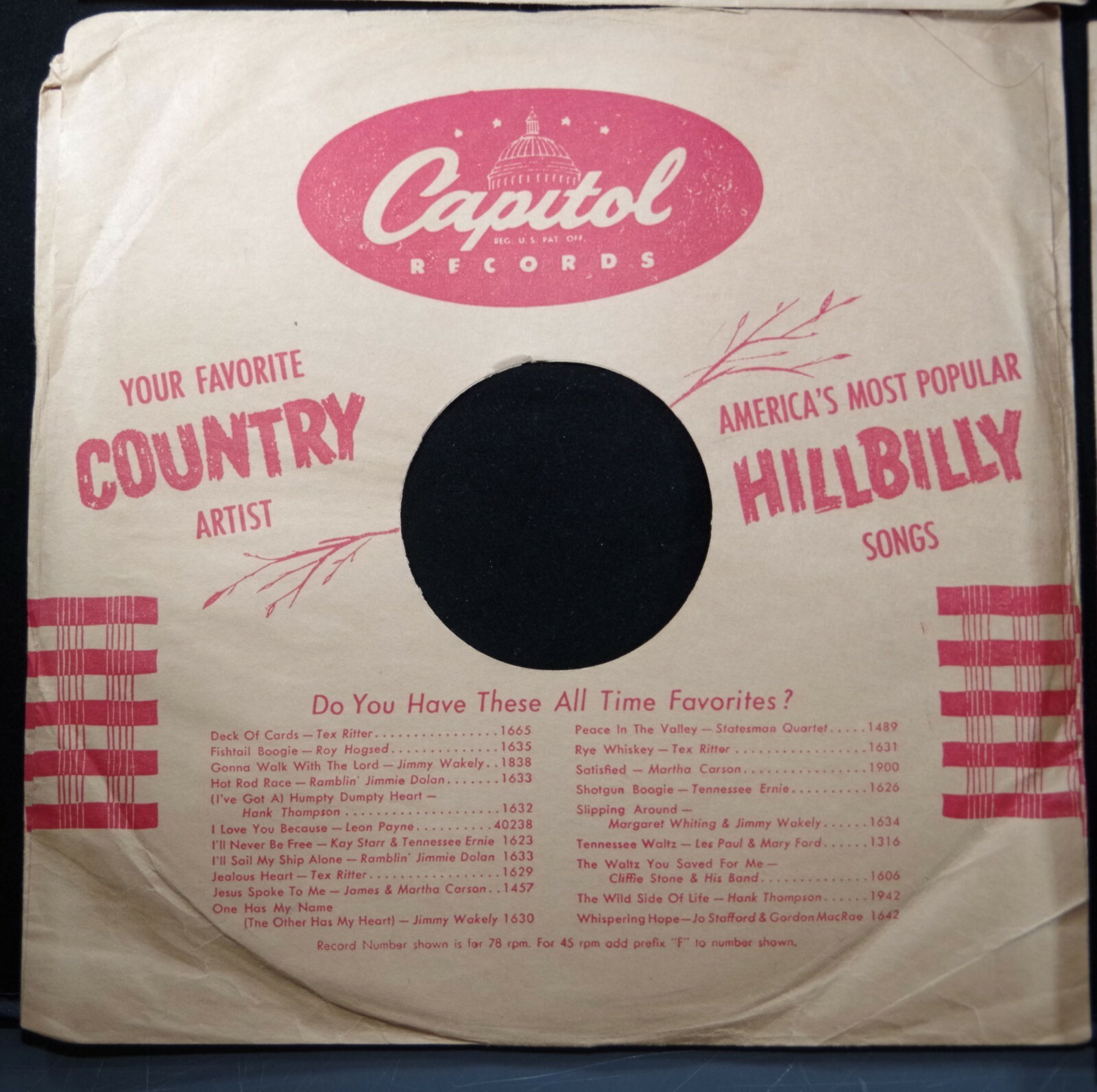 VINTAGE 1942-1958 FOUR VERSIONS CAPITOL RECORDS 78 RPM SLEEVES FOUR ...