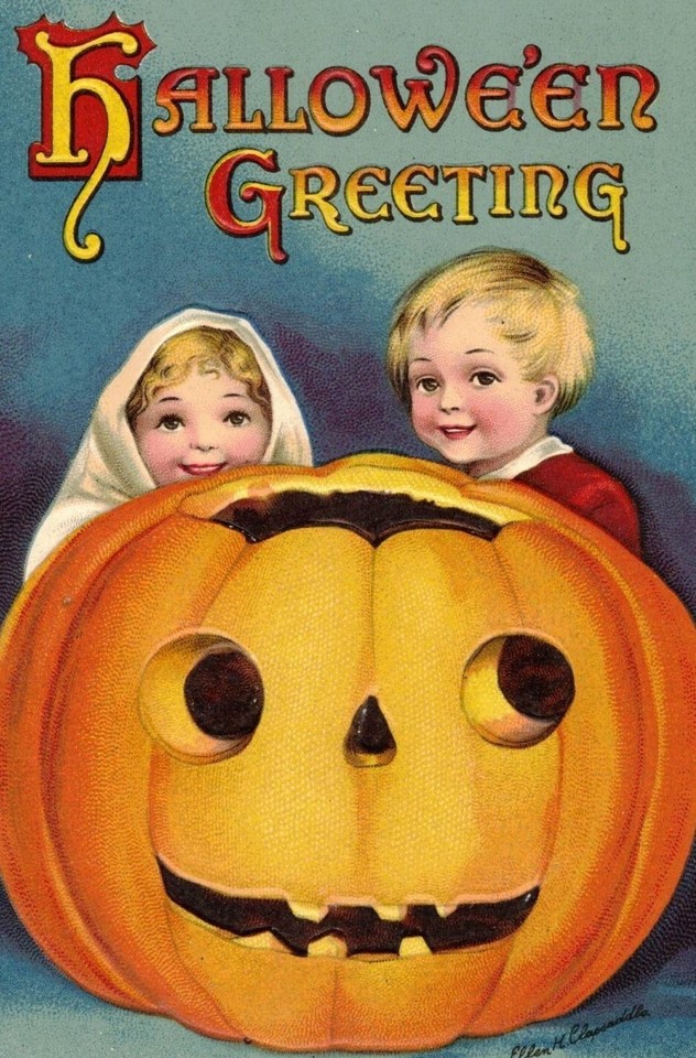 VINTAGE ELLEN CLAPSADDLE HALLOWEEN POSTCARD GIRL BOY HUGE HAPPY JOL | eBay