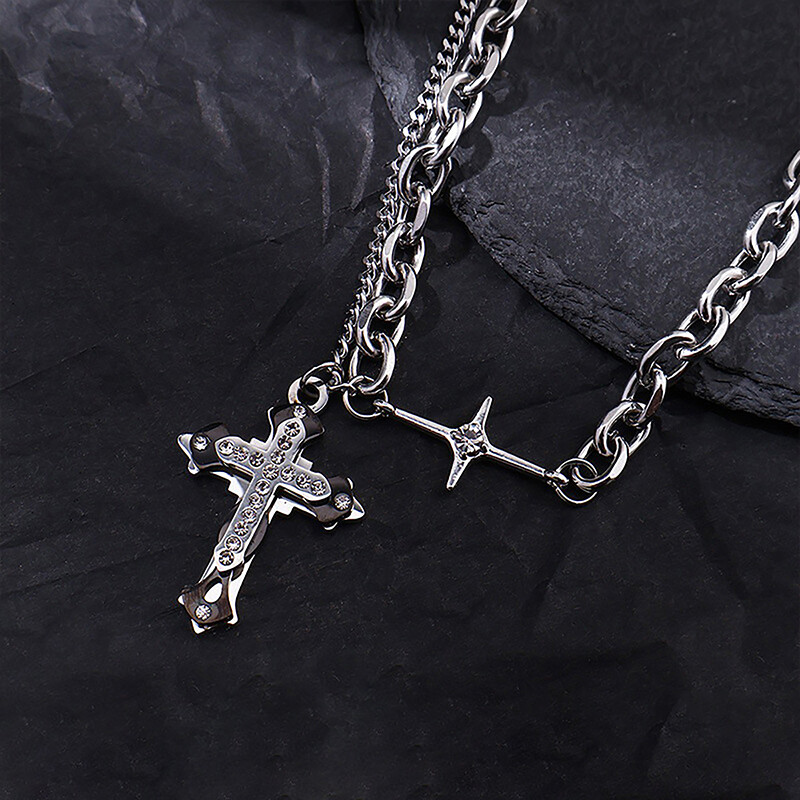 Long Chain Cross Necklace Women Men Double Layer Splicing Chain ...