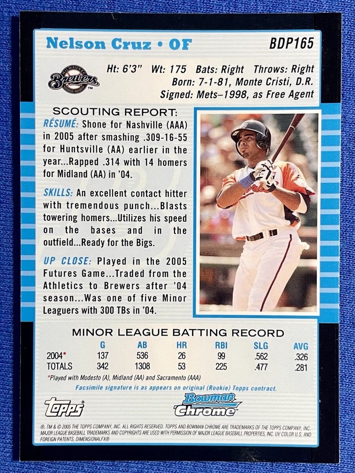 Nelson Cruz 2005 Bowman Chrome 1st Year #BDP165 Rookie RC Brewers QTY ...