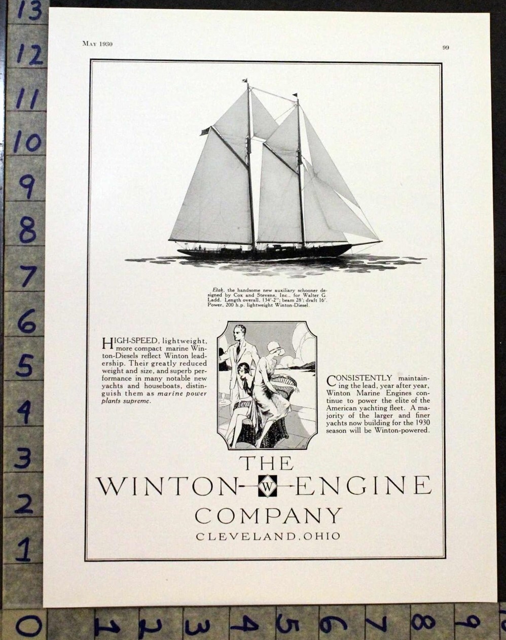 1930 WINTON ENGINE CLEVELAND ETAK SCHOONER SAILBOAT SHIP INSERT PHOTO ...