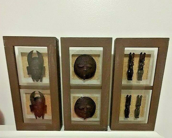 African shadow box picture frames 3 set - wooden framed tribal masks ...