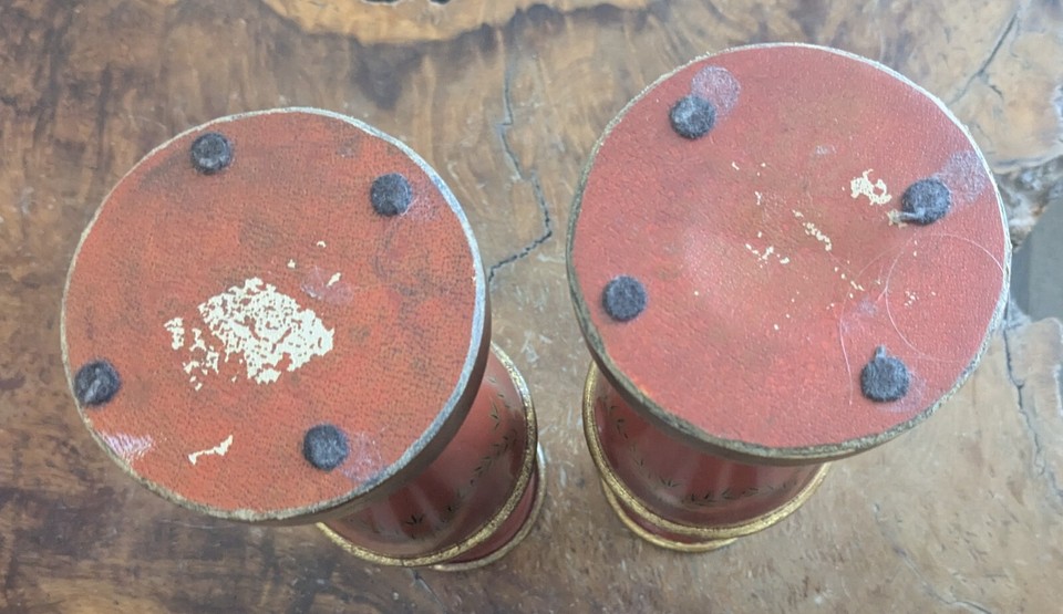 Theodore Alexander Hand Painted Metal Enamel Vases Wood Base 13" Pair ...