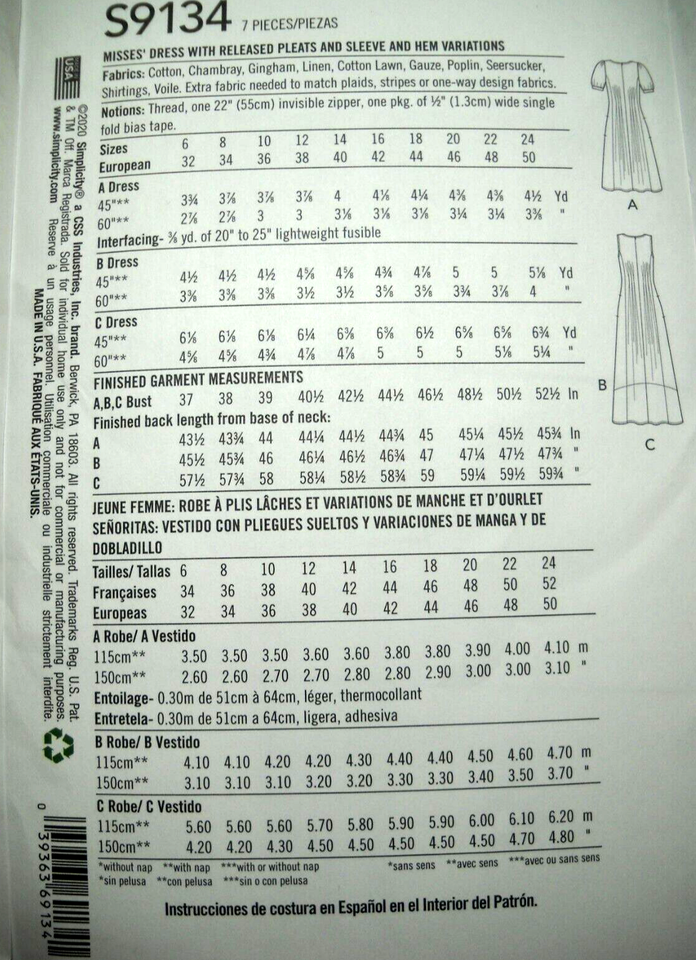 Simplicity 9134 Dress with Pleats size 16-24 Sewing Pattern | eBay