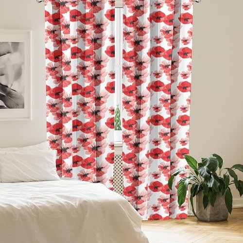 Floral Window Curtains, Poppies Retro 28"W x 84"L (Pack of 2) White ...