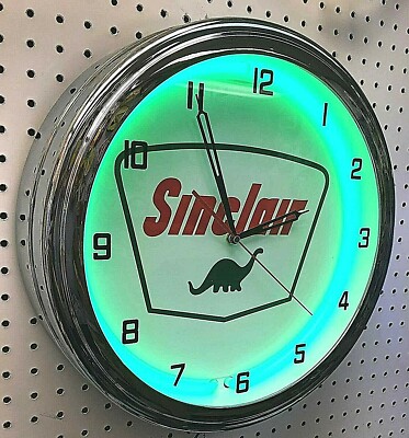16″ Sinclair Dinosaur Logo Sign Green Neon Clock Garage Man Cave ...