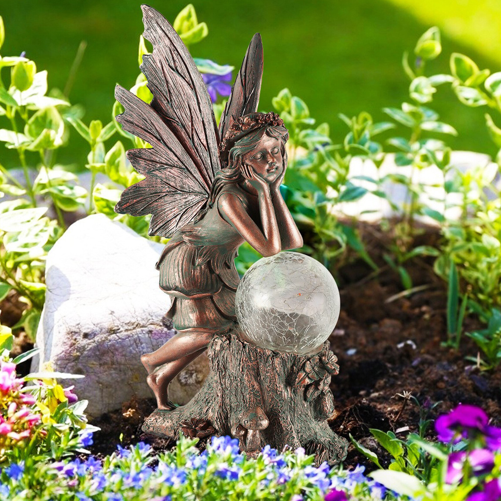Solar Angel Garden Statue Crack Ball Lamp Resin Fairy Figurine ...