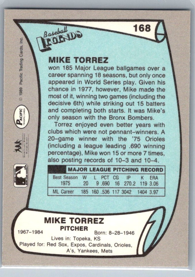 1989 Pacific Legends II #168 Mike Torrez | eBay