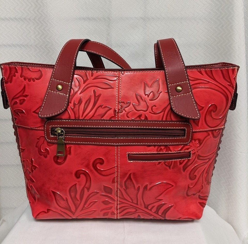 MC HANDBAGS 3307 LACEY RED TOOLED EMBOSSED LEATHER DOUBLE HANDLE ...