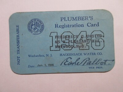 1946 Plumber's registration Card Hackensack Water Company New Jersey | eBay