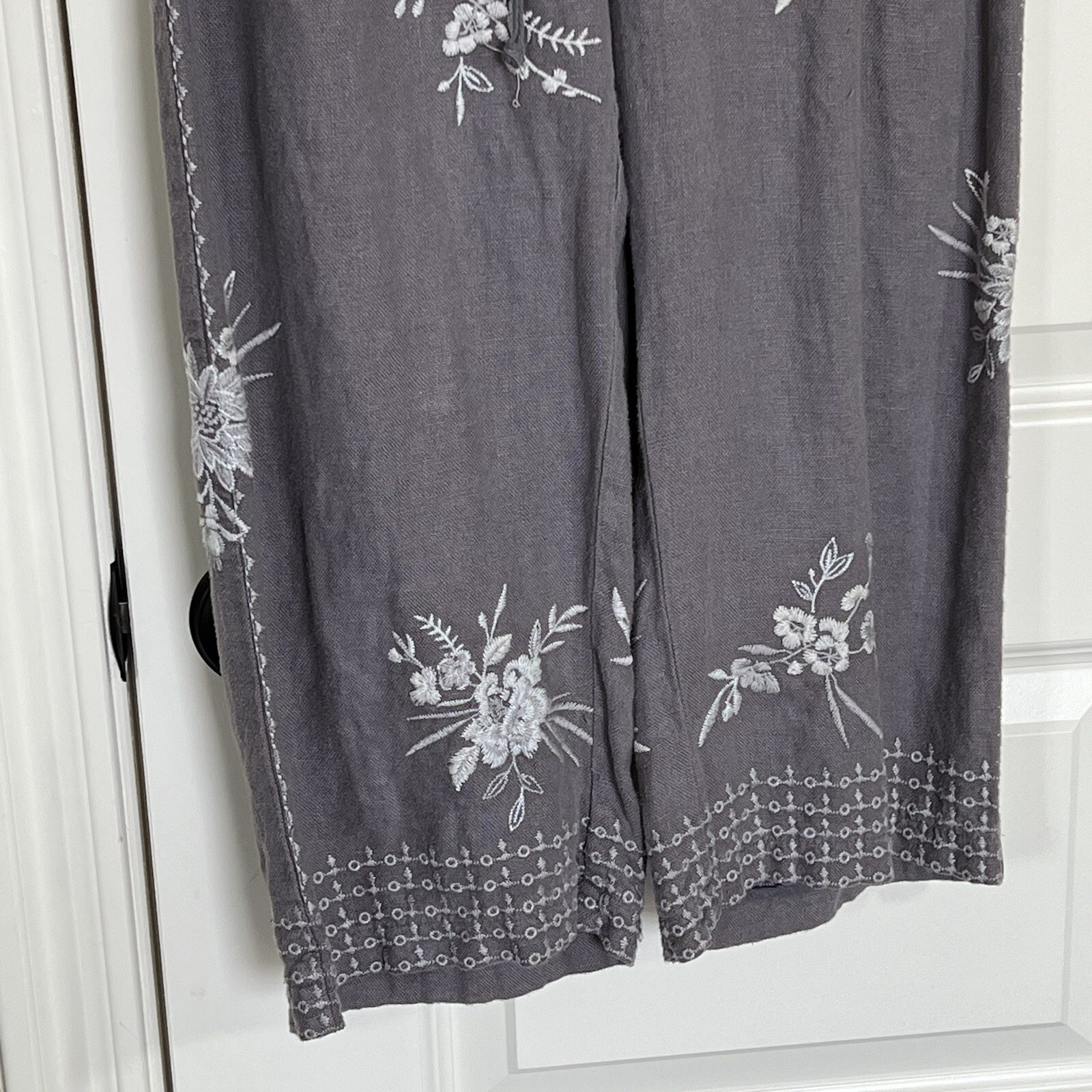 NWT JOHNNY WAS Pant SZ XS Gray Oleander Cropped Heavy Linen Embroidered ...