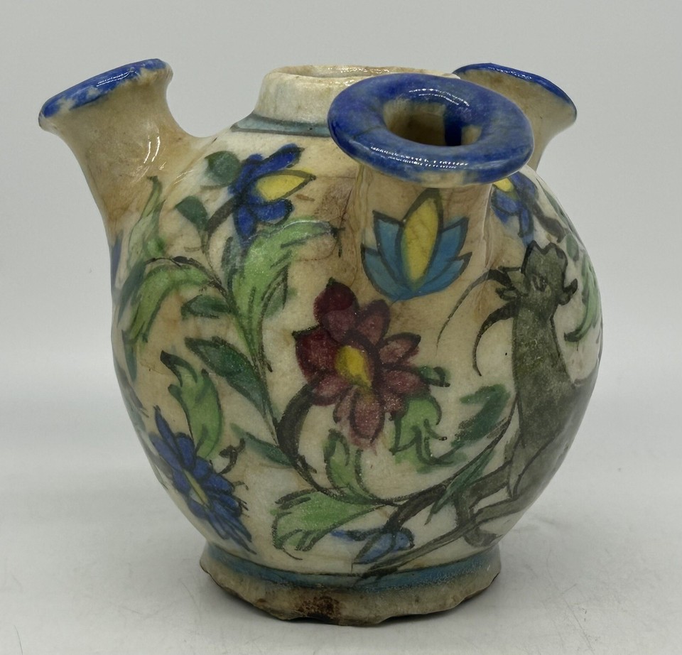 Antique Persian Qajar Hand Painted Tulip Vase, Deer or Goat & Flowers ...
