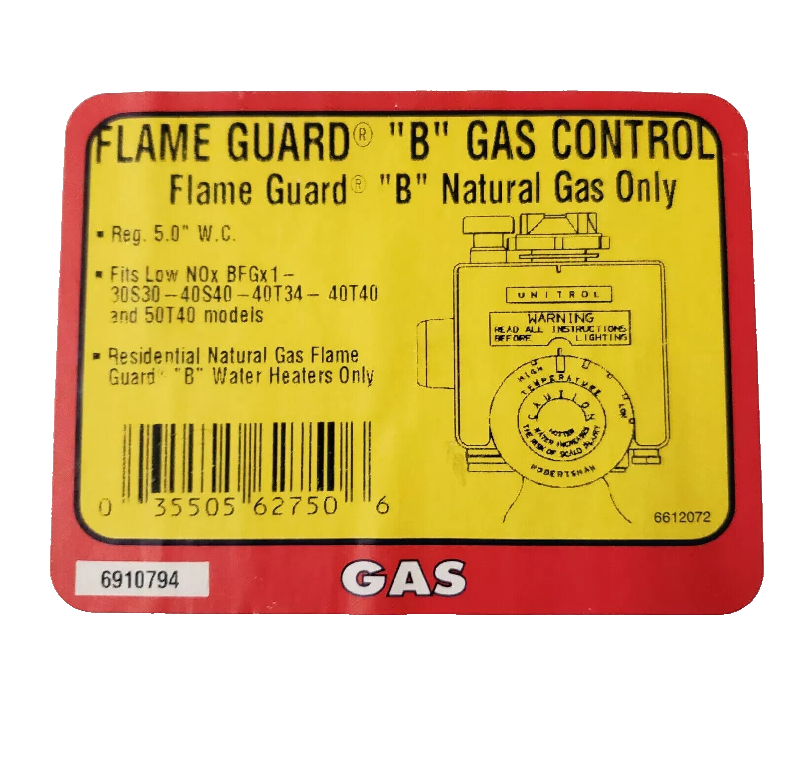 Robertshaw Flame Guard Water Heater Gas Control 6910794 Fits 50T40 ...