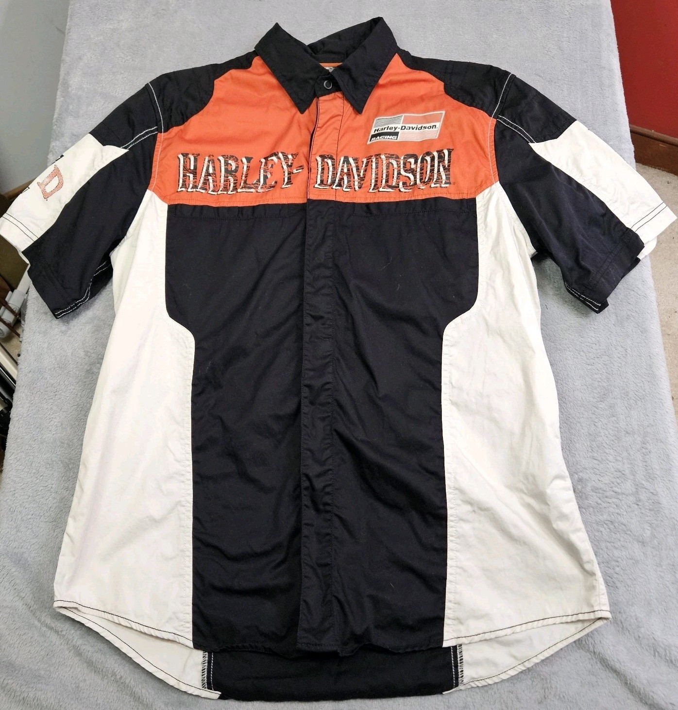 VINTAGE Harley Davidson Snap Up Shirt Size L Orange R… - Gem