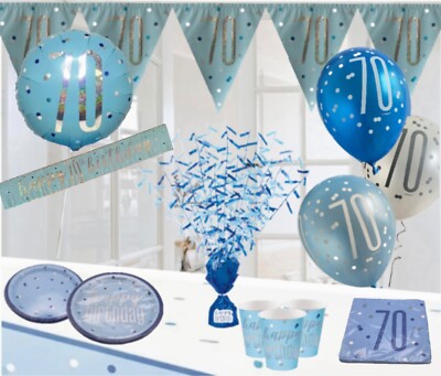 Blue & white themed 70th birthday party decorations & happy birthday ...