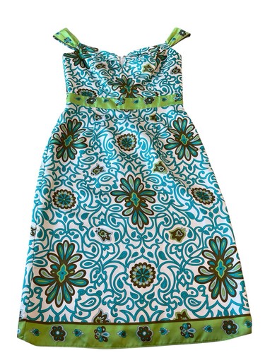 Milly New York Size 6 Dress Green Blue Floral Mod Print Sleeveless 100% ...
