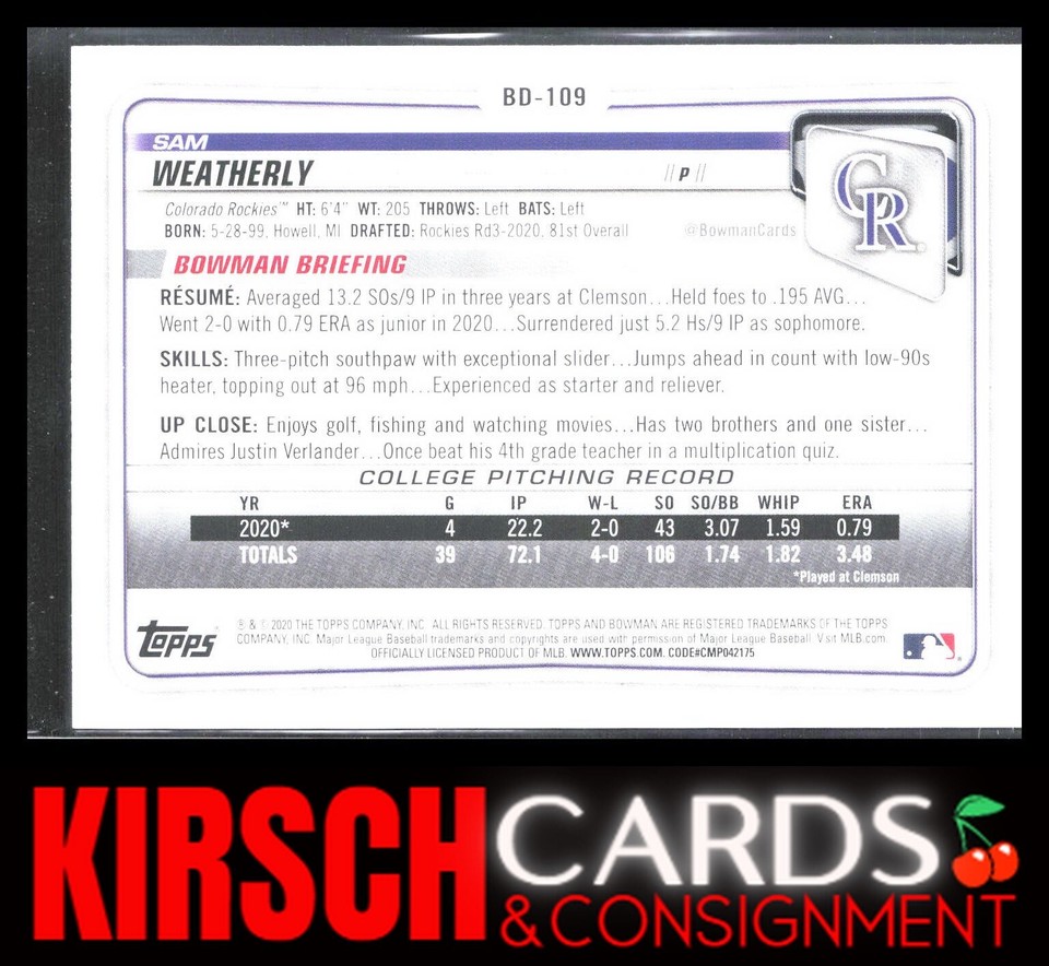 Sam Weatherly 2020 Bowman Draft #BD-109 Colorado Rockies | eBay