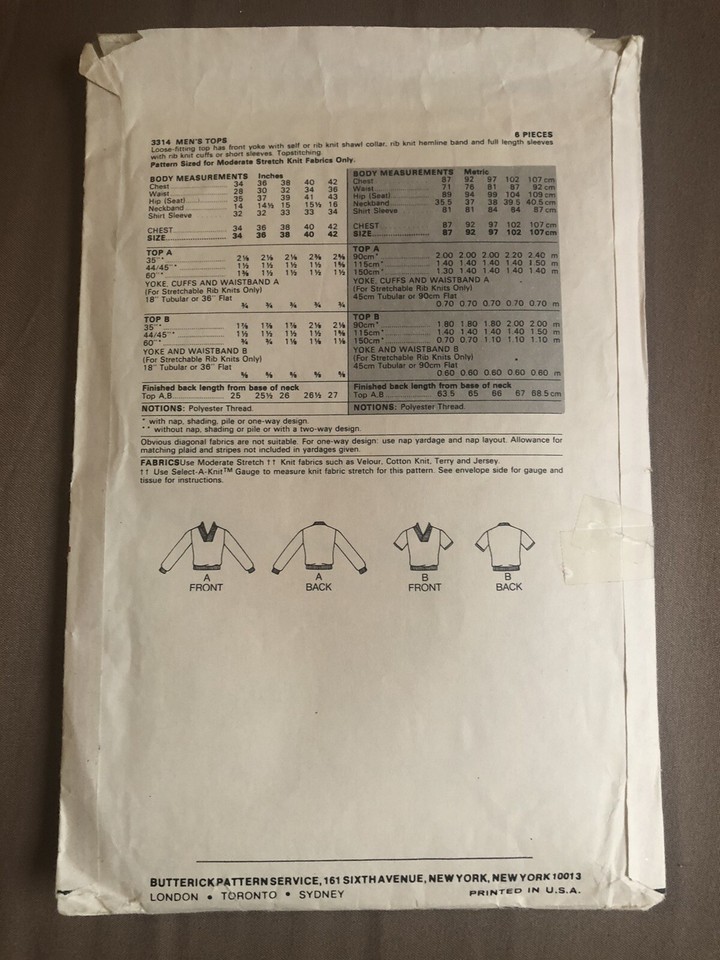 VNTG Butterick 3314, Size 42, CC, Men’s Loose Fitting VNTG Knit Top | eBay