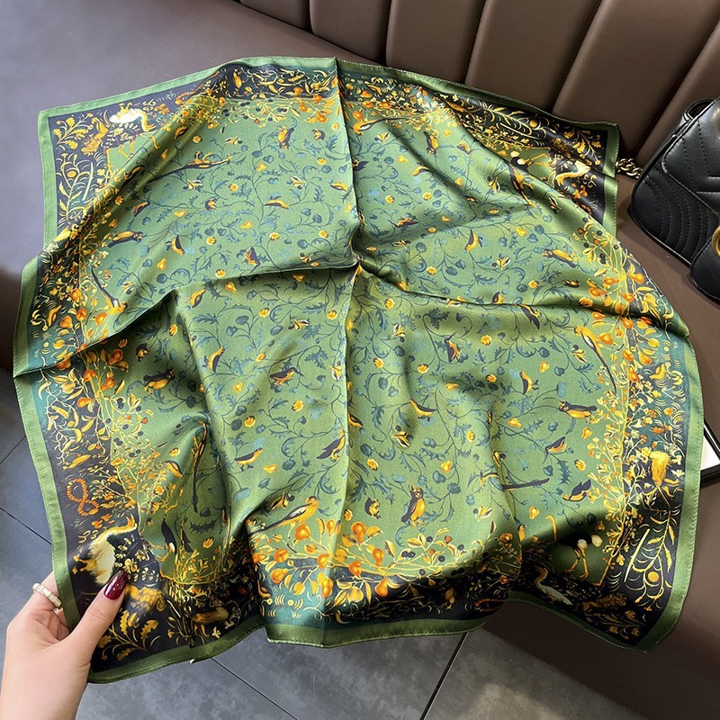 100% Silk Scarf Women Vintage Dark Green Flower Kerchief Headscarf Tied ...