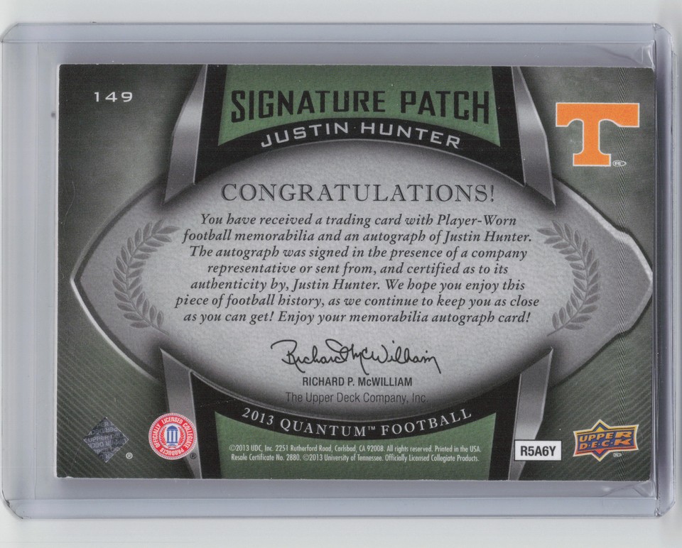 2013 Quantum Football #149 Justin Hunter RC Signature Patch Auto /265 ...