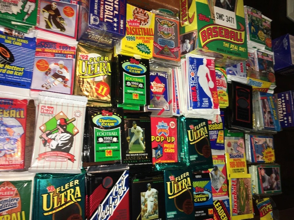 Huge Lot of Unopened Old Vintage Sports Cards in 50 Wax foil cello rack ...