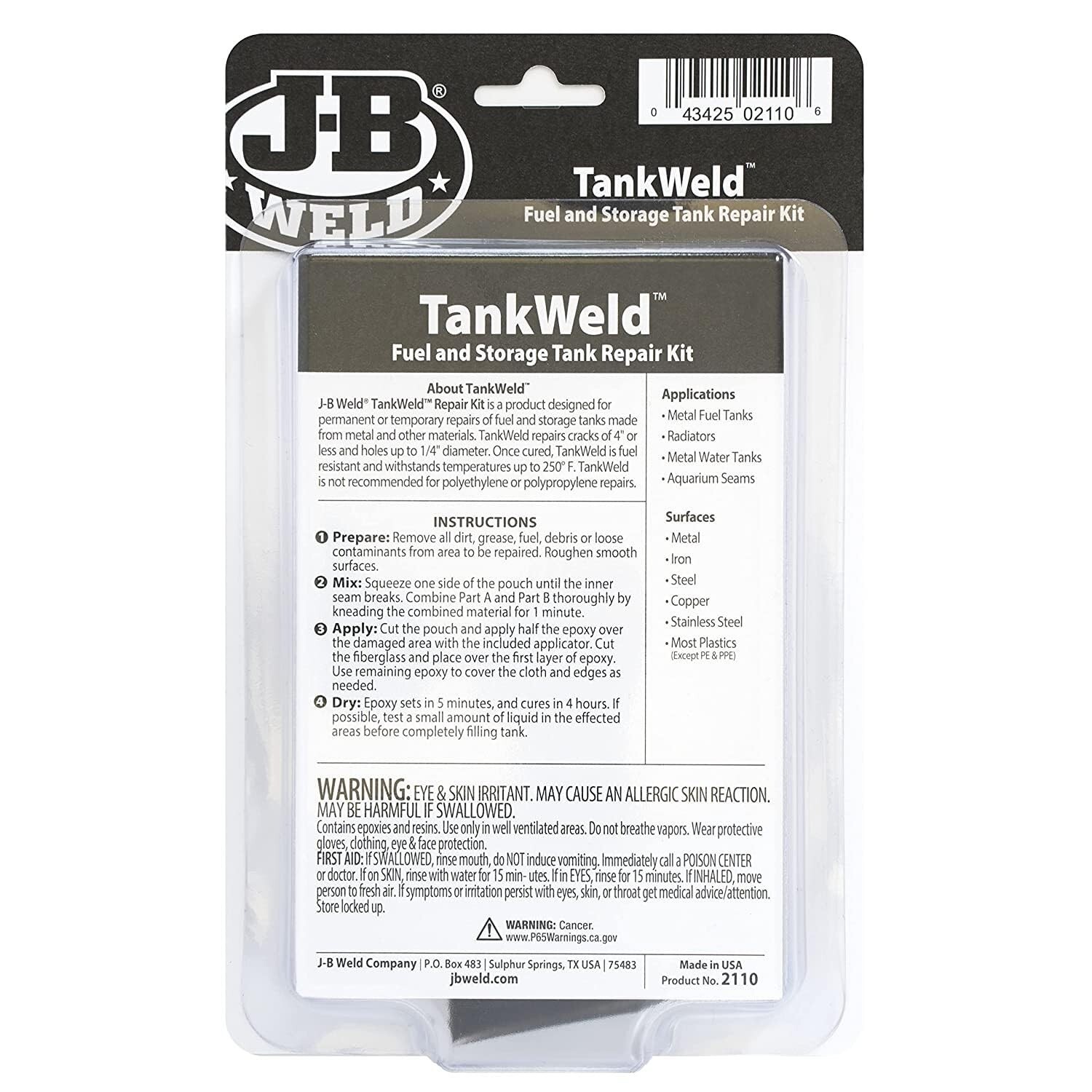 J-B Weld 2110 Metal Fuel Tank Repair Kit, Gray | eBay