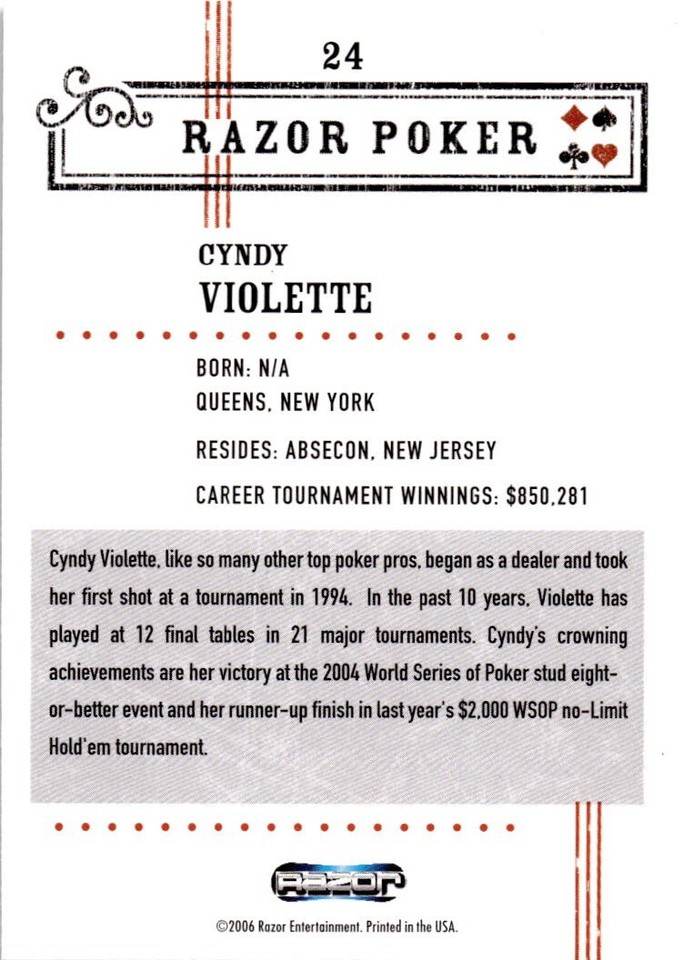 2006 RAZOR POKER CYNDY VIOLETTE COLLECTIBLE ROOKIE CARD#24 NM-MT WSOP ...