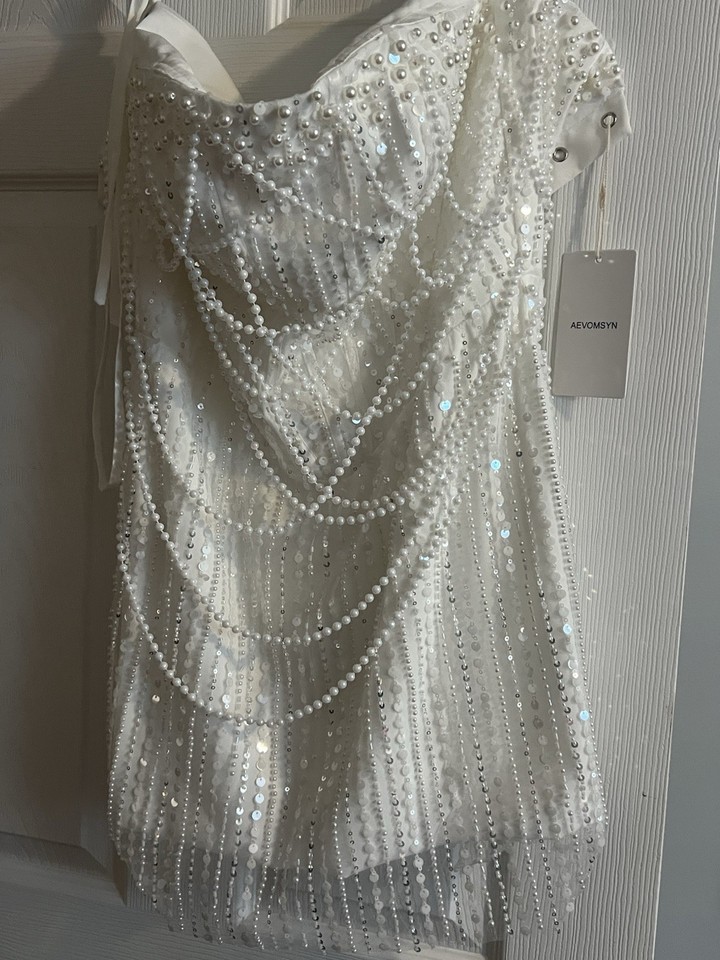 AEVOMYSYN White Mesh Beaded Sequin Mini Dress V-Neck Lace Up Lined S | eBay