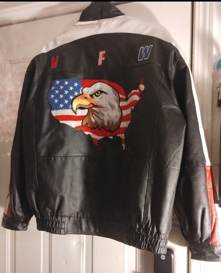 Men's Large VFW Eagle Vintage Jacket Red & Black Motorcycle Leather ...