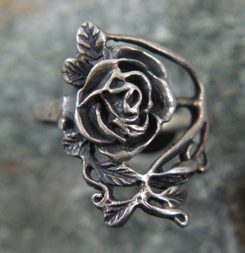 Vintage Rose Flower Leaf Band Ring Size 6.75 925 Sterling Silver | eBay