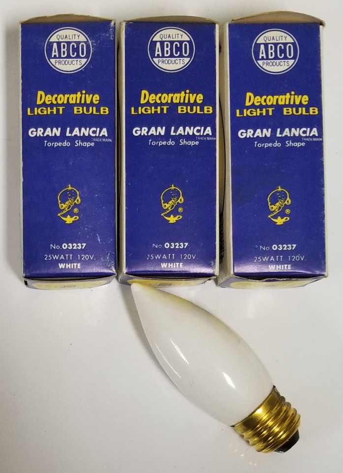 3 VINTAGE ABCO 25-WATT WARM WHITE TORPEDO SHAPE MEDIUM BASE LIGHT BULBS ...